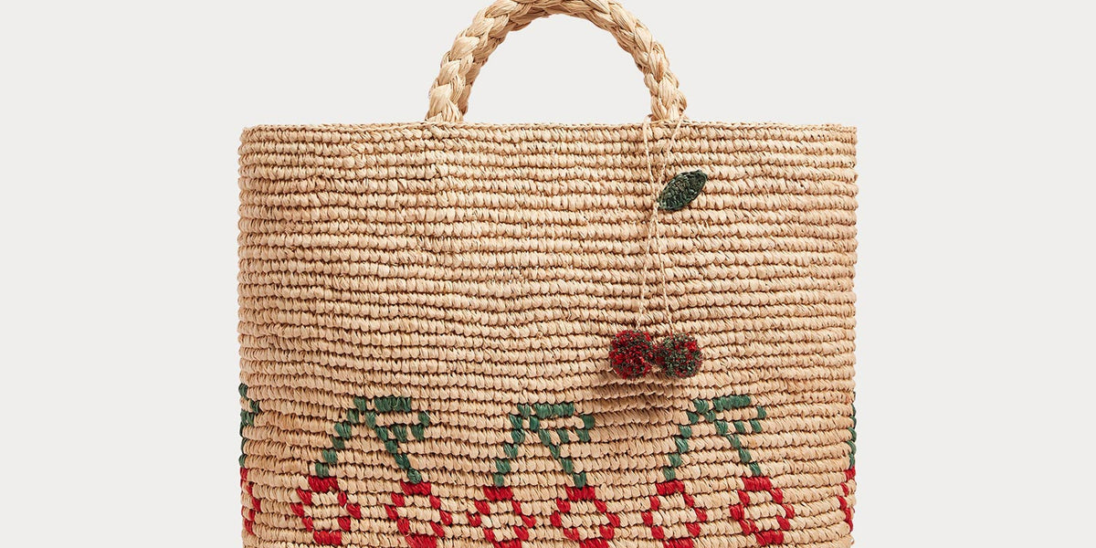 Fama tote bag in raffia with red cherries • Bonpoint