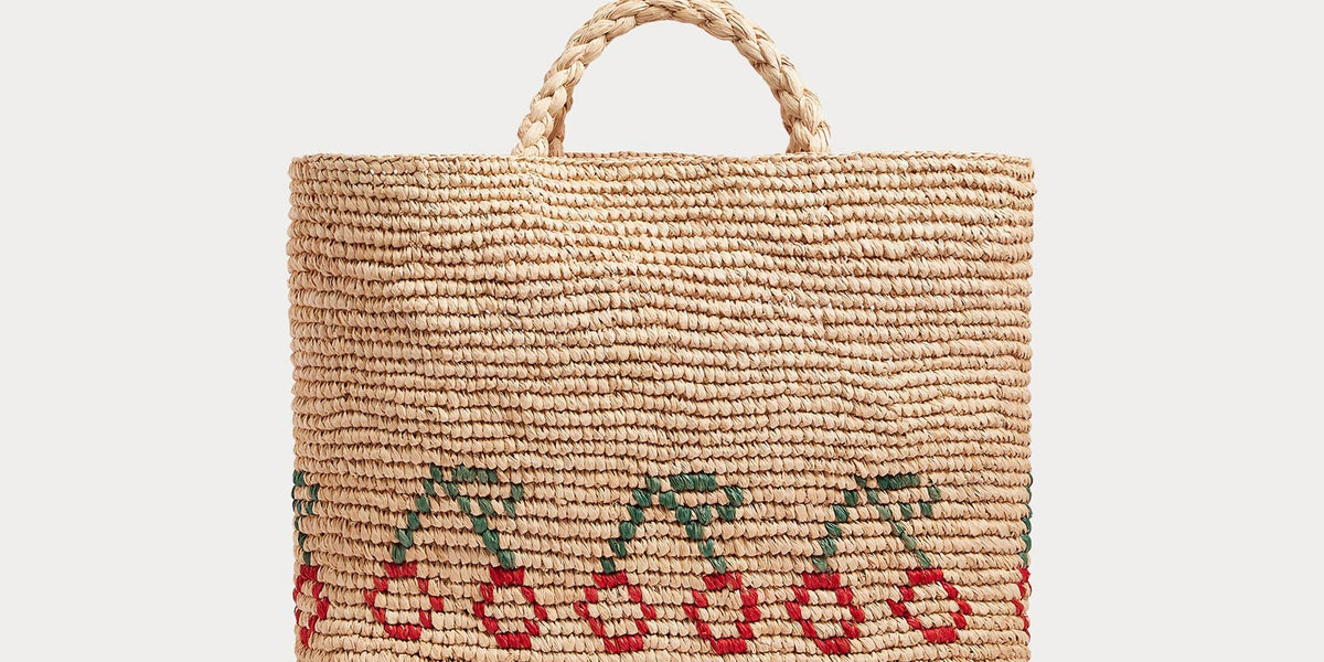 Fama tote bag in raffia with red cherries • Bonpoint